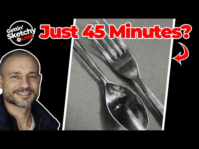 Free Video: Drawing a Fork and Spoon with White Charcoal on Black Paper - Live Drawing Challenge ...